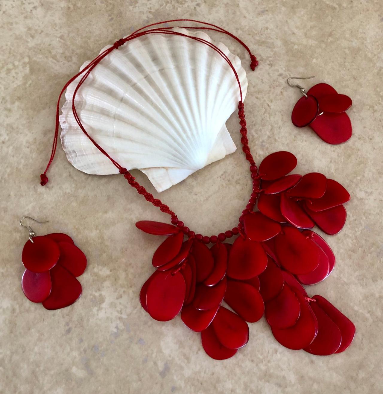 ! Red Organic Tagua Nut Statement Necklace And Earrings Set. Eco ...