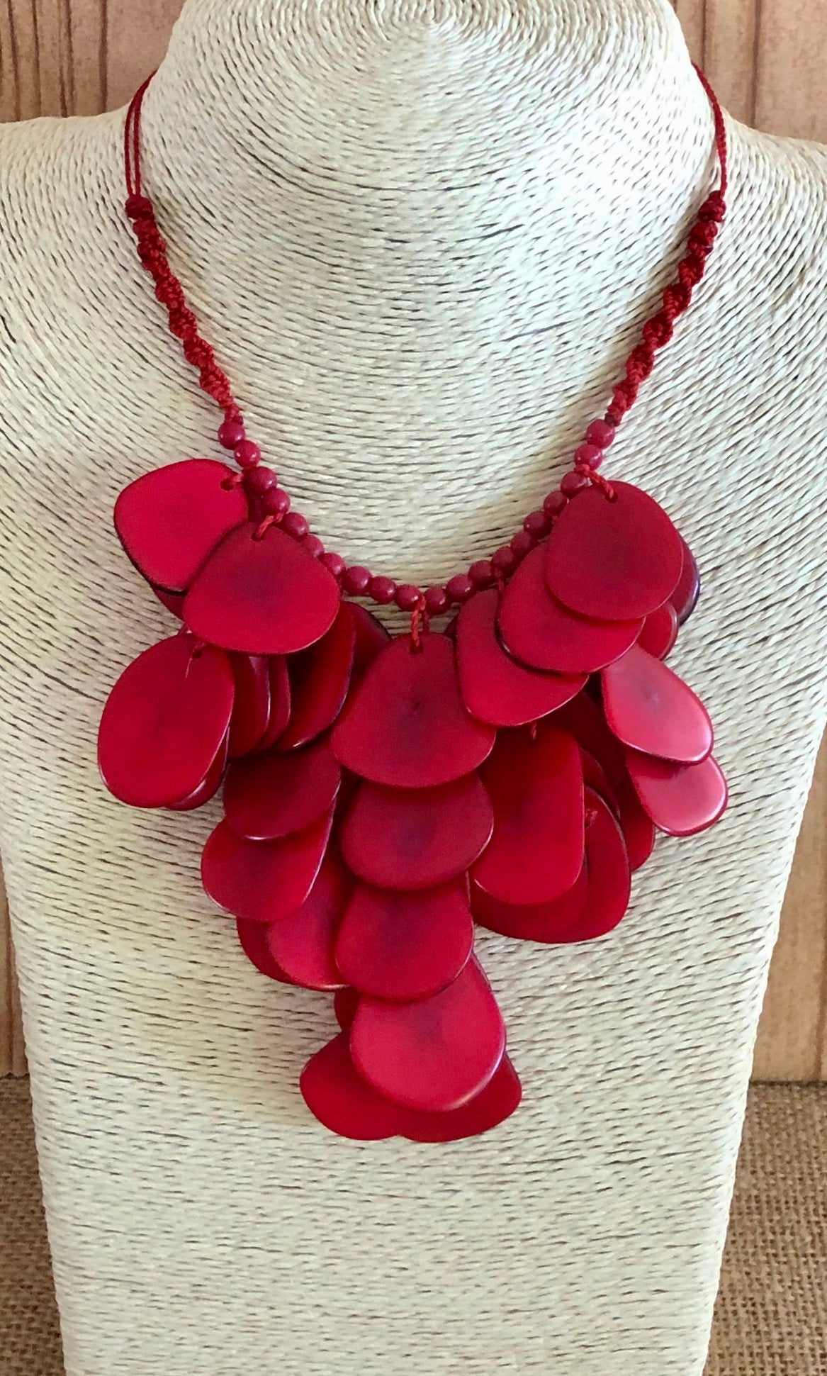 ! Red Organic Tagua Nut Statement Necklace And Earrings Set. Eco ...
